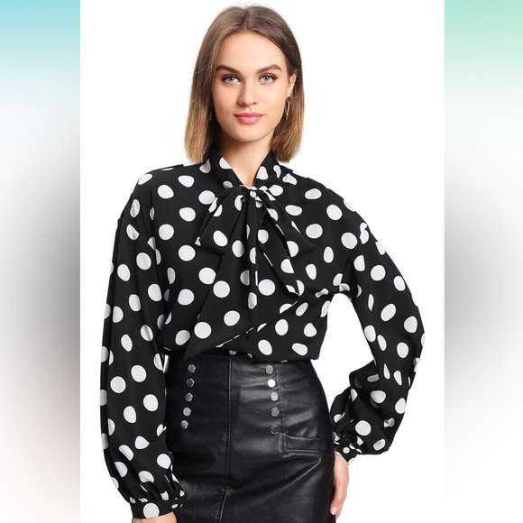 Tops | Black And White Polka Dot Button Down Tie Neck Long Sleeve Blouse | Poshmark